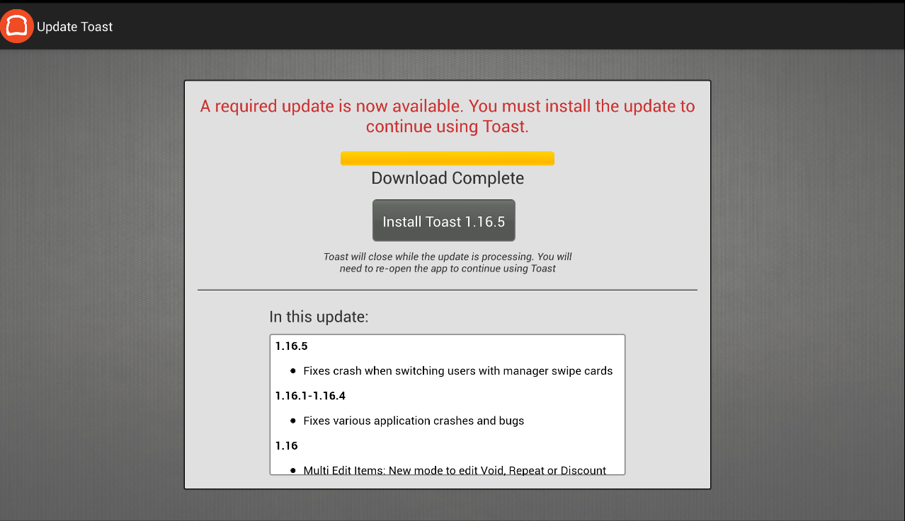 Installing a Required Toast Update