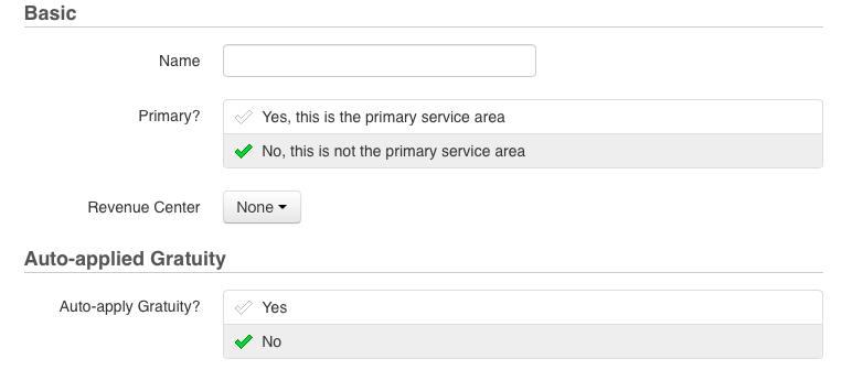 Creating Service Areas and Table Setup
