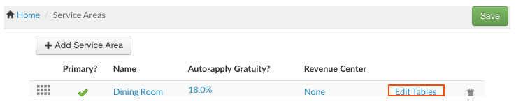 Creating Service Areas and Table Setup