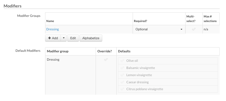 Modifier Groups and Modifier Options