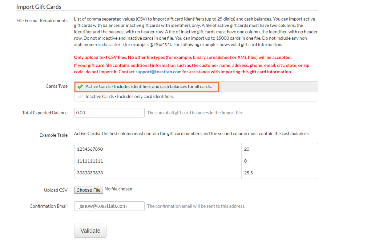 Importing Gift Cards