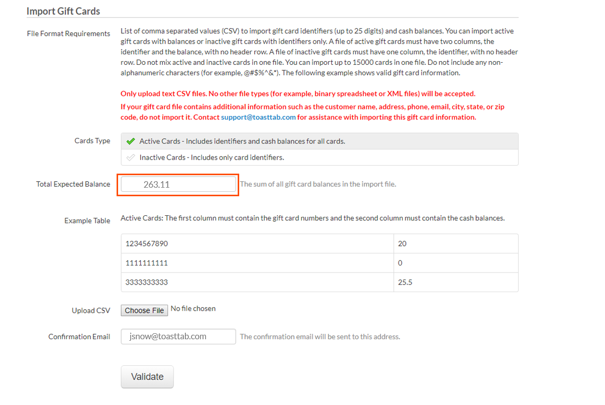 Importing Gift Cards