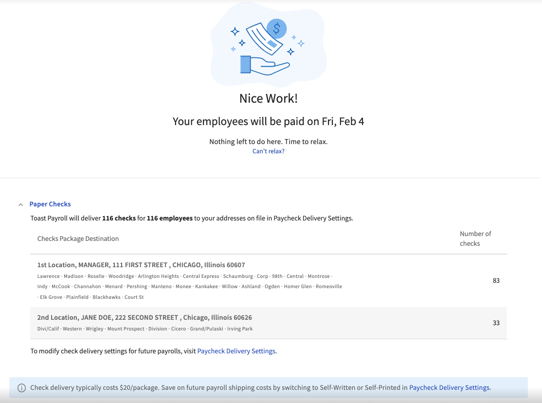 Toast Payroll: Paycheck Delivery Options
