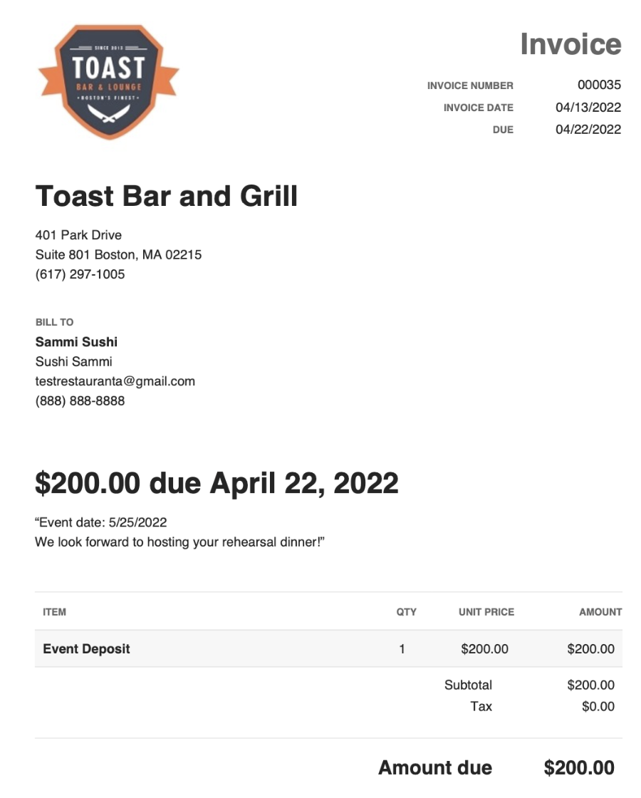 Charging Guests for Event Deposits by Using Toast Invoicing