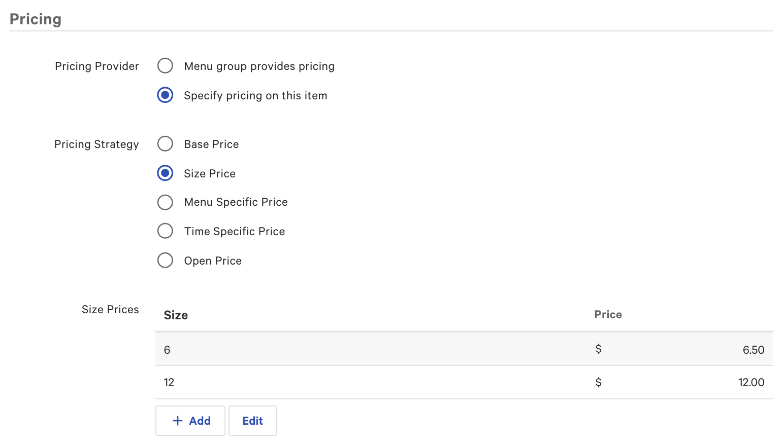 Time Pricing, Size Pricing, Group Pricing and Item Pricing