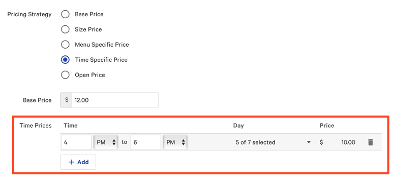 Time Pricing, Size Pricing, Group Pricing and Item Pricing