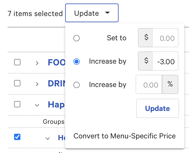 Building Happy Hour Menus with Menu Specific Pricing