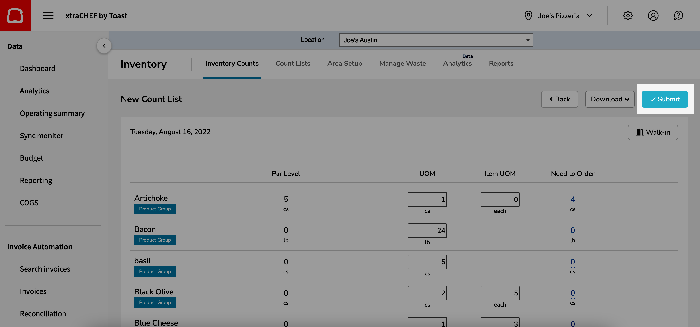 xtraCHEF: Inventory Counts