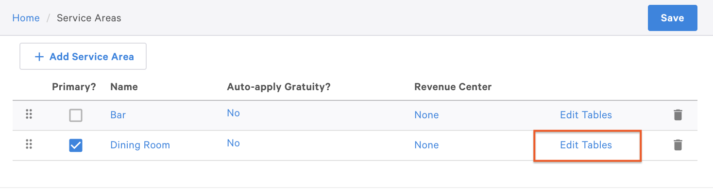 Creating Service Areas and Table Setup