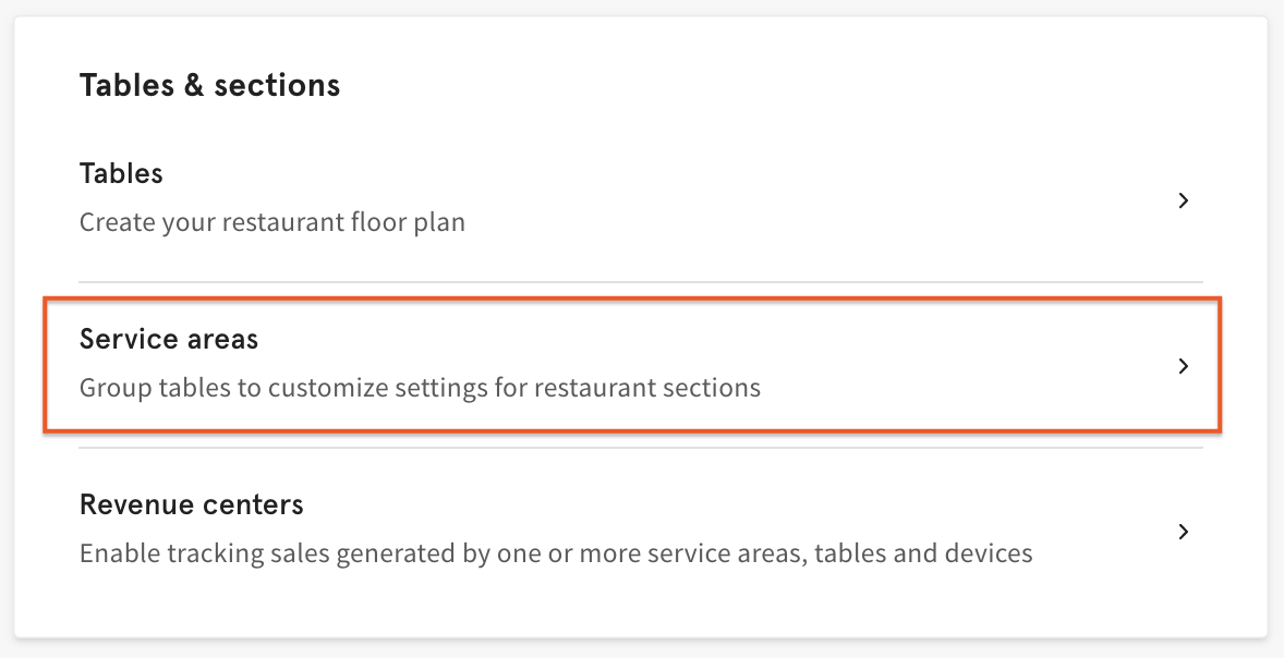 Creating Service Areas and Table Setup