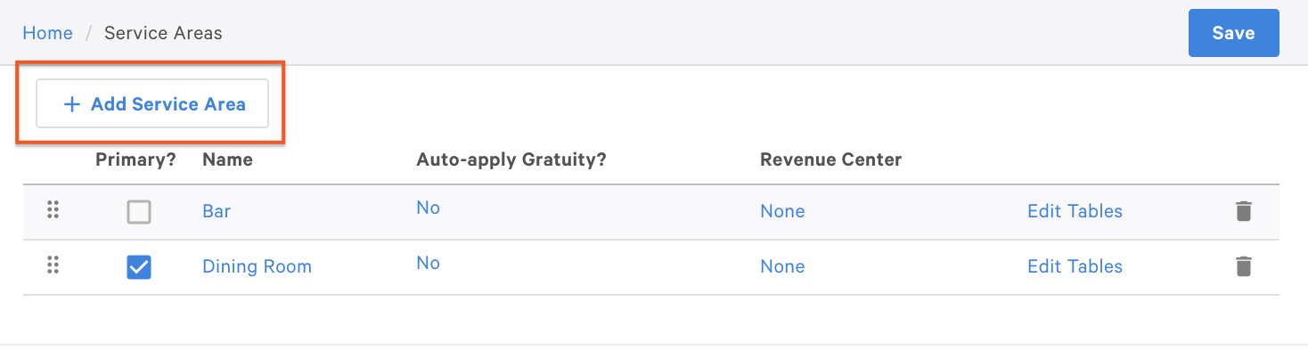 Creating Service Areas and Table Setup