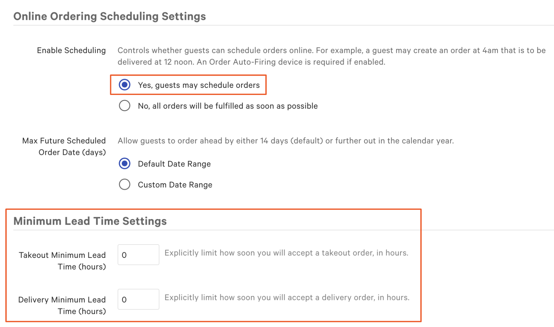 Online Ordering: Advanced Settings