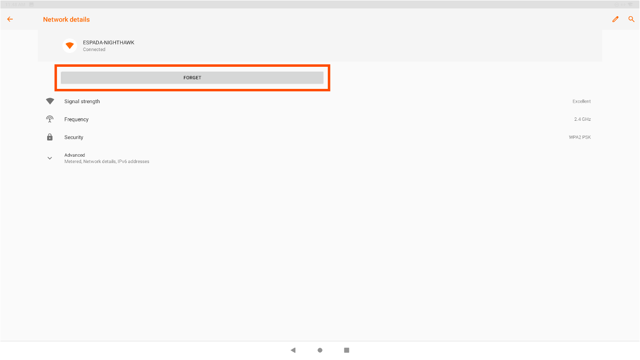 Forgetting a Network on a Toast Device