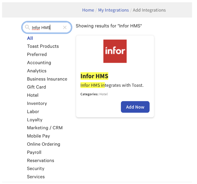 Using Infor Hospitality Management Solution with Toast