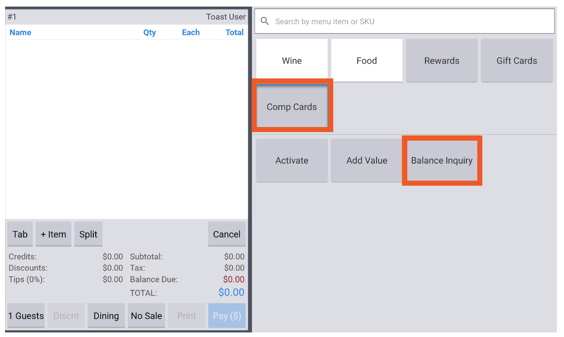 Using the Toast Comp Card Integration