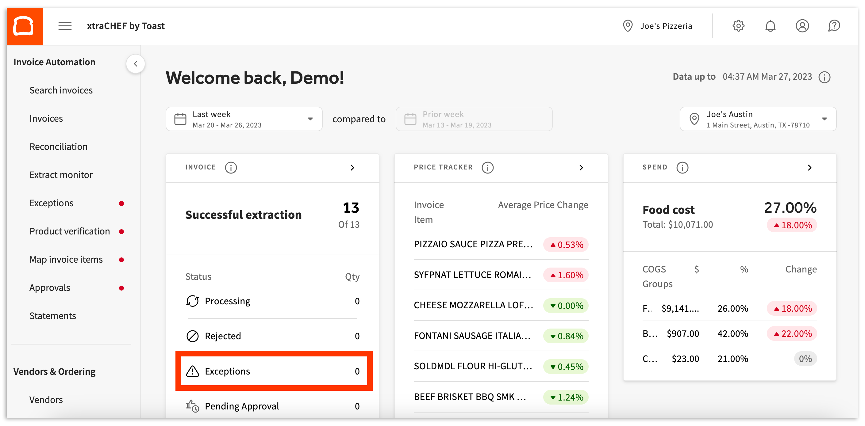 xtraCHEF Invoice Exceptions