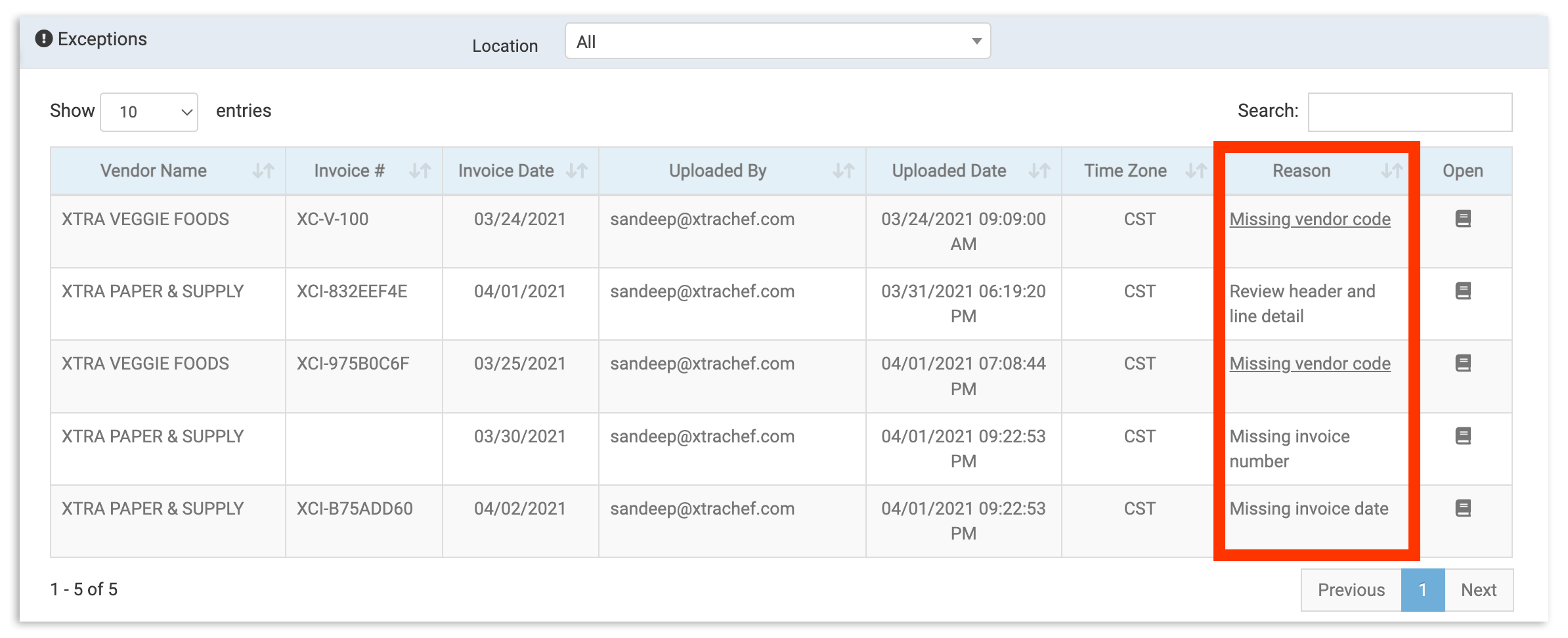xtraCHEF Invoice Exceptions