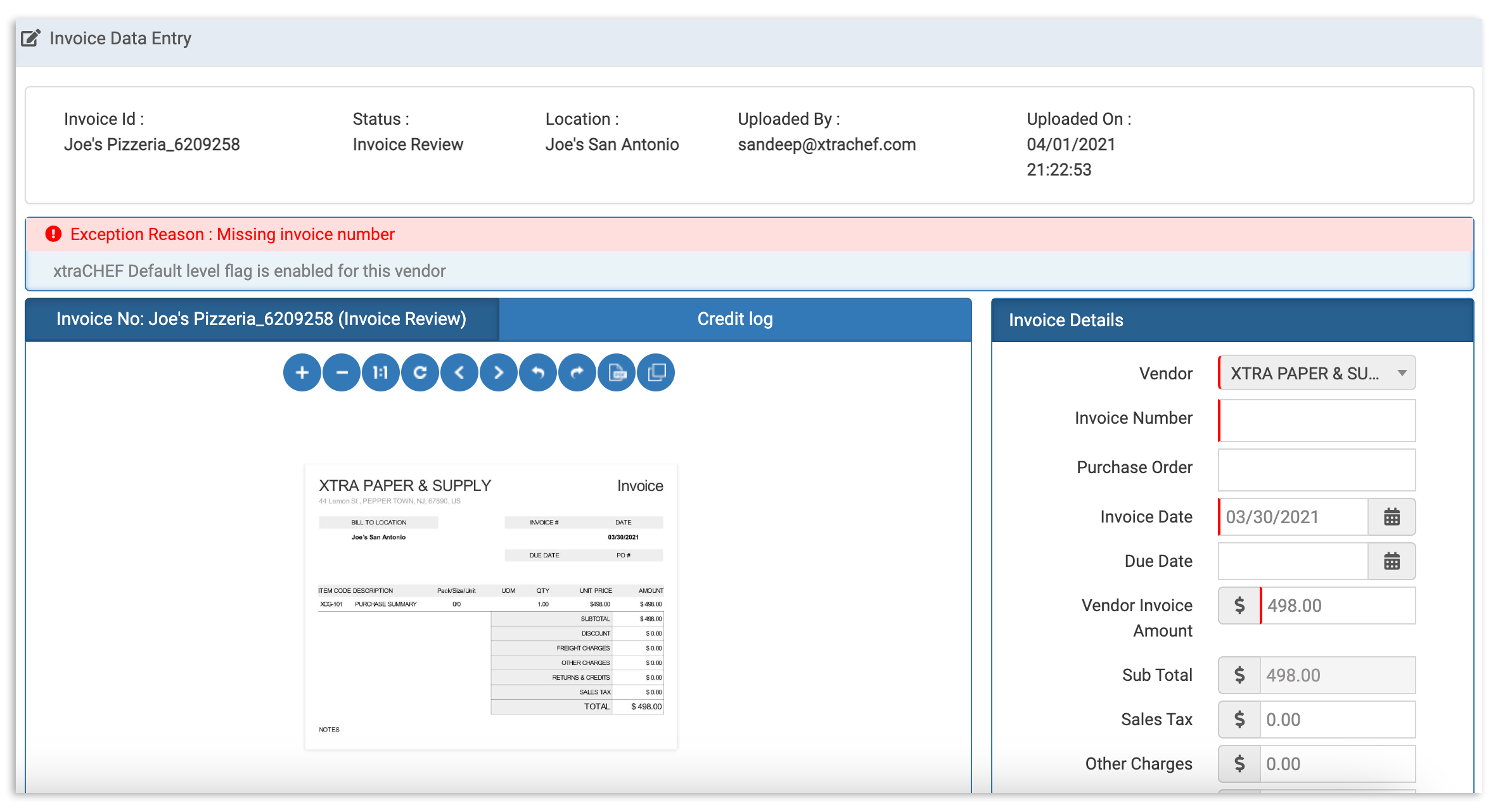 xtraCHEF Invoice Exceptions