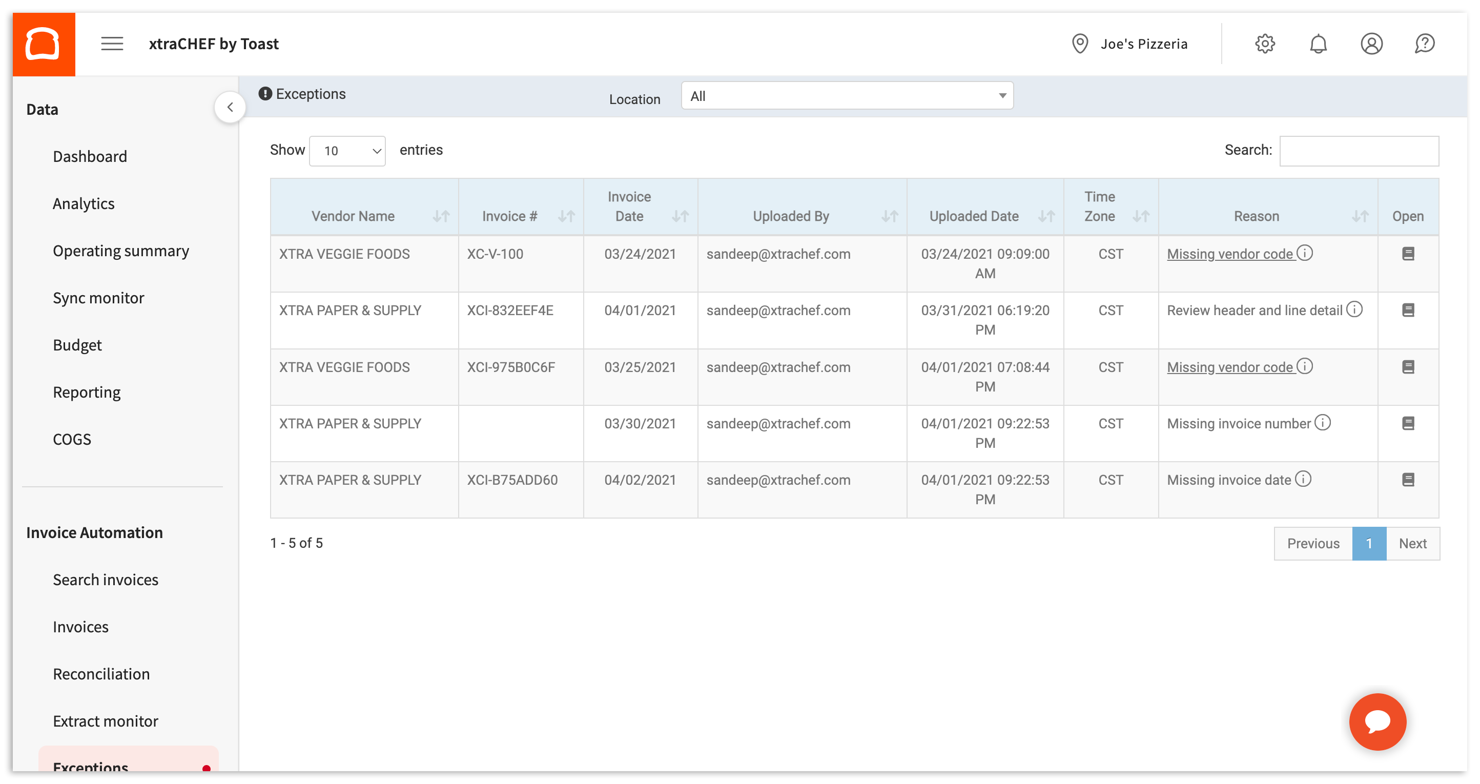 xtraCHEF Invoice Exceptions