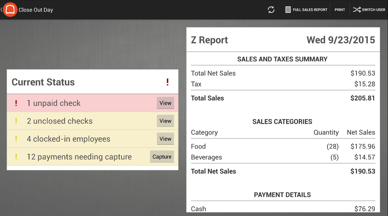 Close Out Day, Z Report & Auto-Capture