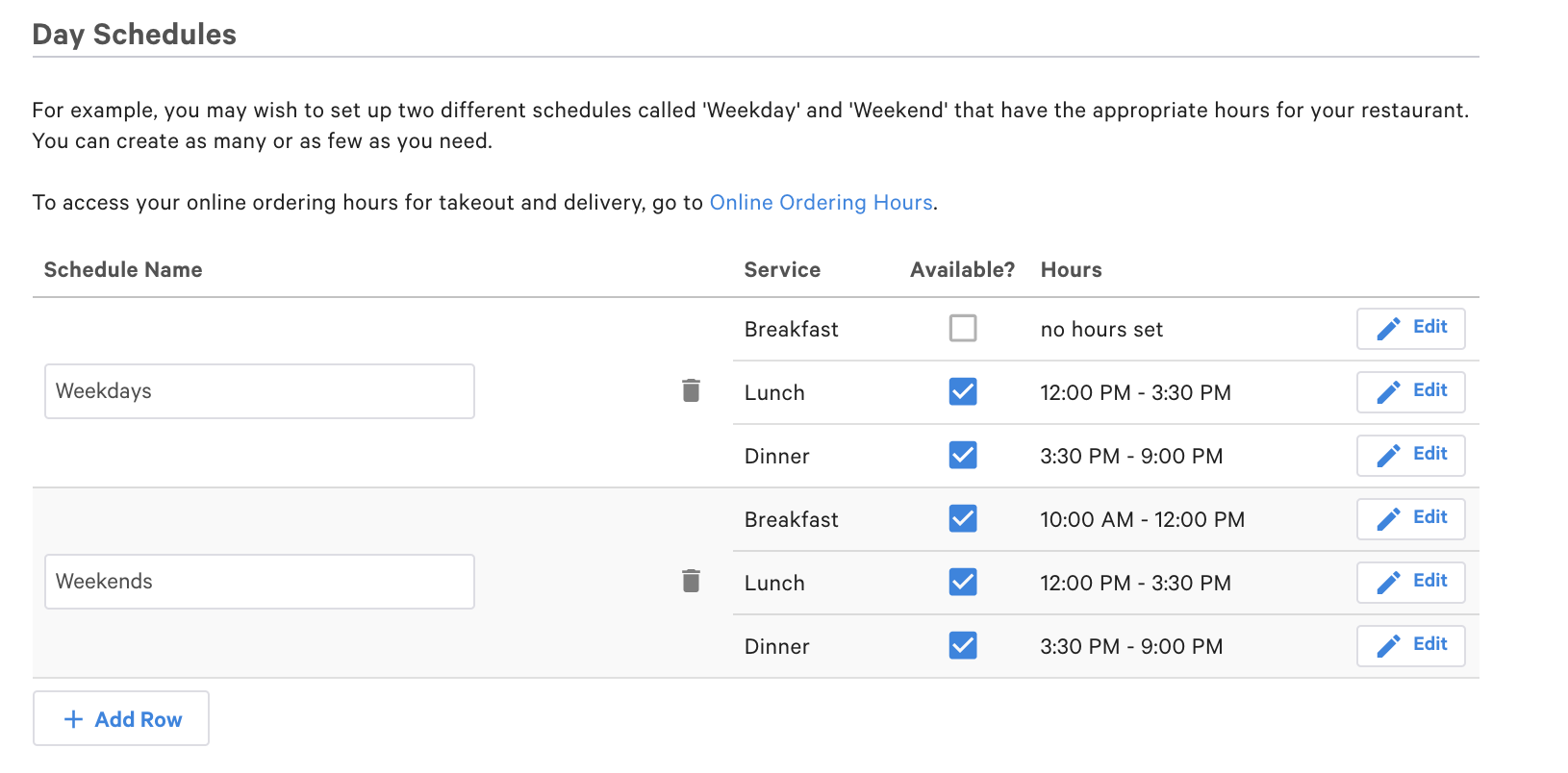 Setting Up Restaurant Hours and Services