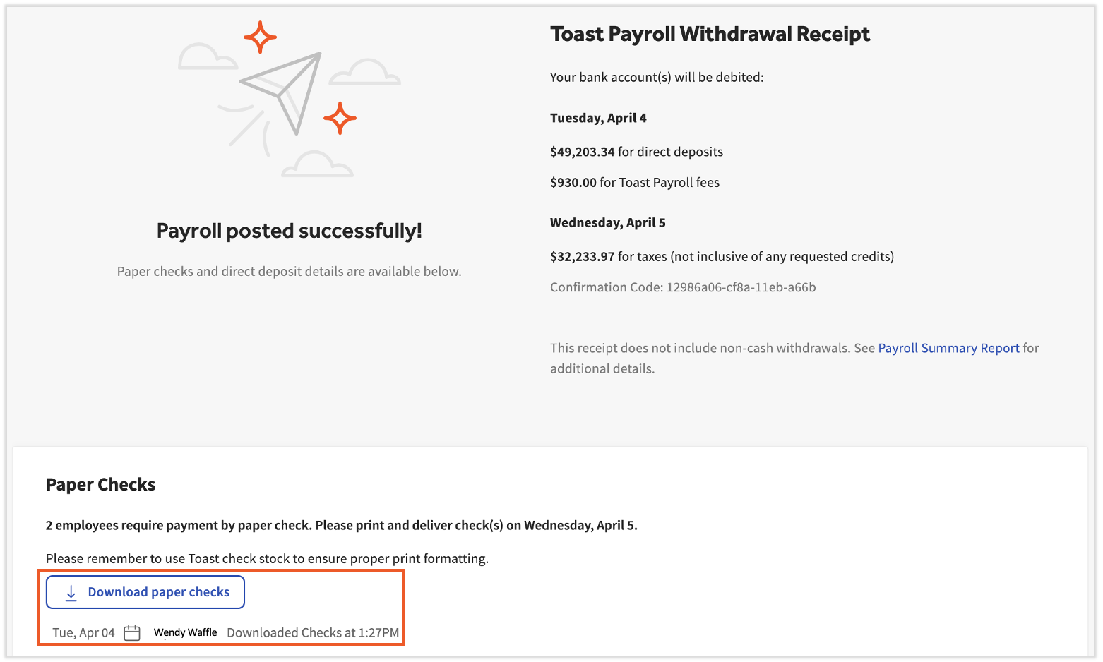 Toast Payroll: Use Self-Printed Paycheck Delivery