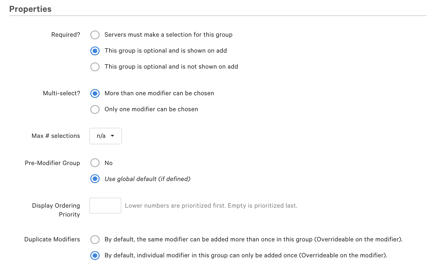 Modifier Groups and Modifier Options