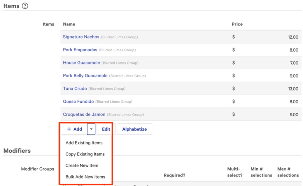 Adding/Copying Menu Items and Modifiers