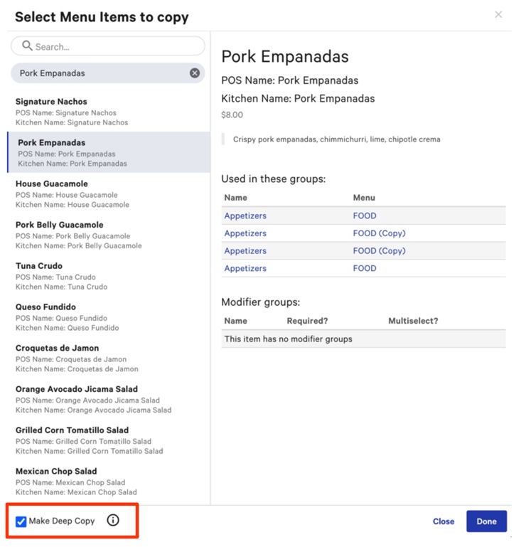 Adding/Copying Menu Items and Modifiers