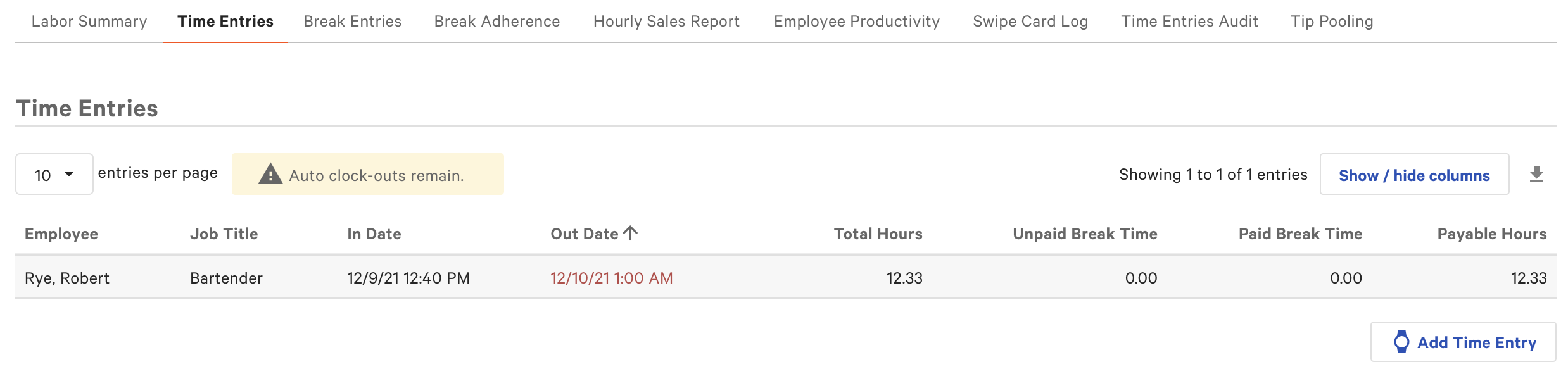 Editing Employee Time Clock Entries