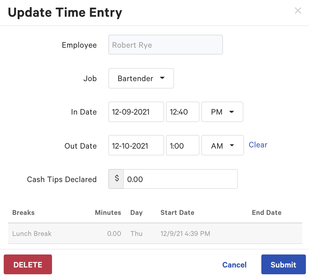 Editing Employee Time Clock Entries