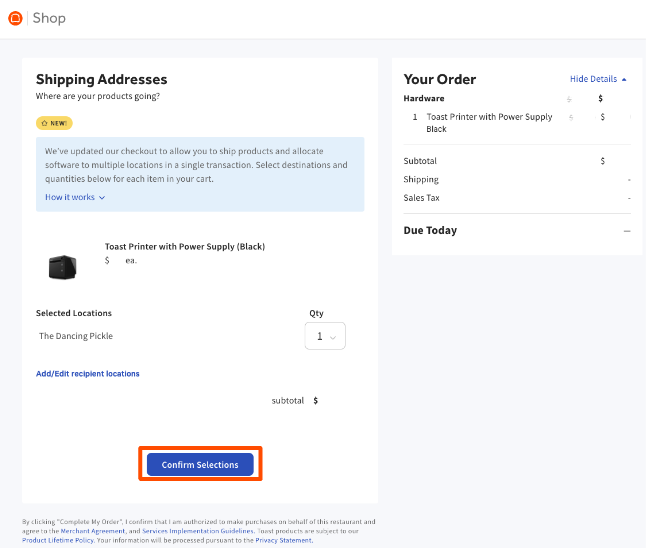 Ordering New Products on Toast Shop