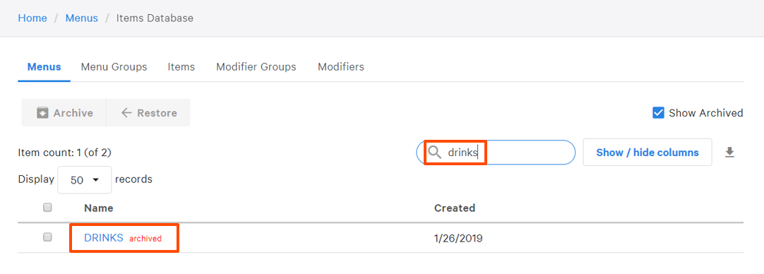 Using the Items Database to View, Archive, Restore and Version Menus