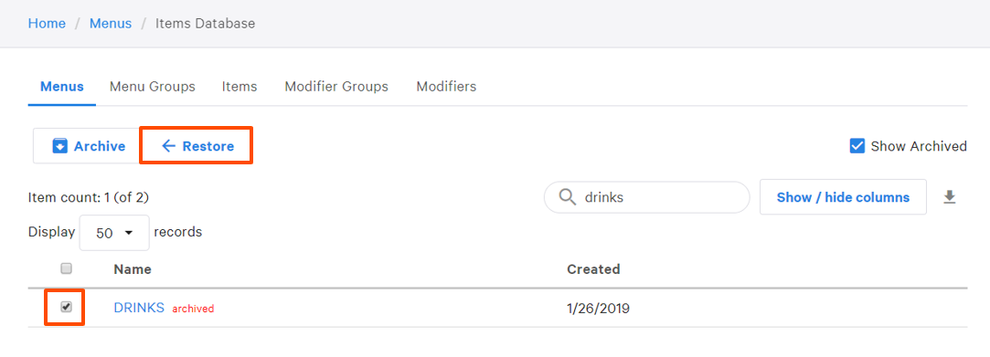 Using the Items Database to View, Archive, Restore and Version Menus