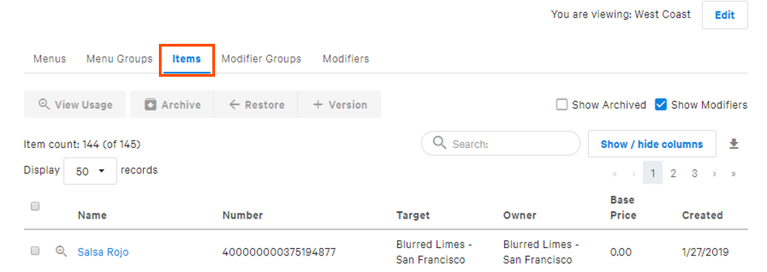 Using the Items Database to View, Archive, Restore and Version Menus