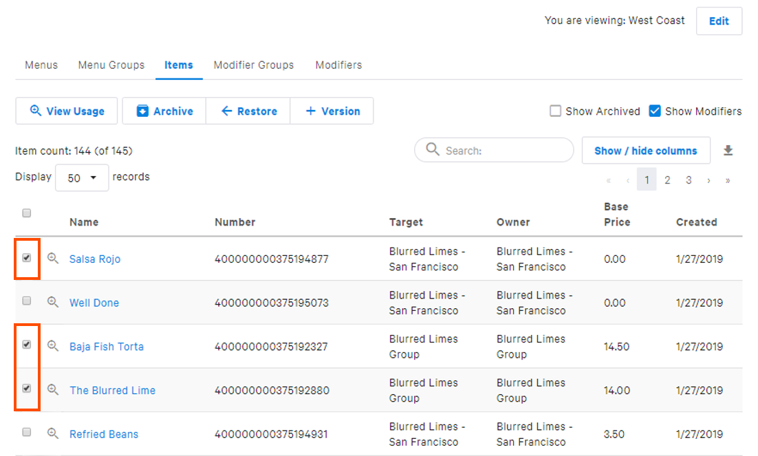 Using the Items Database to View, Archive, Restore and Version Menus