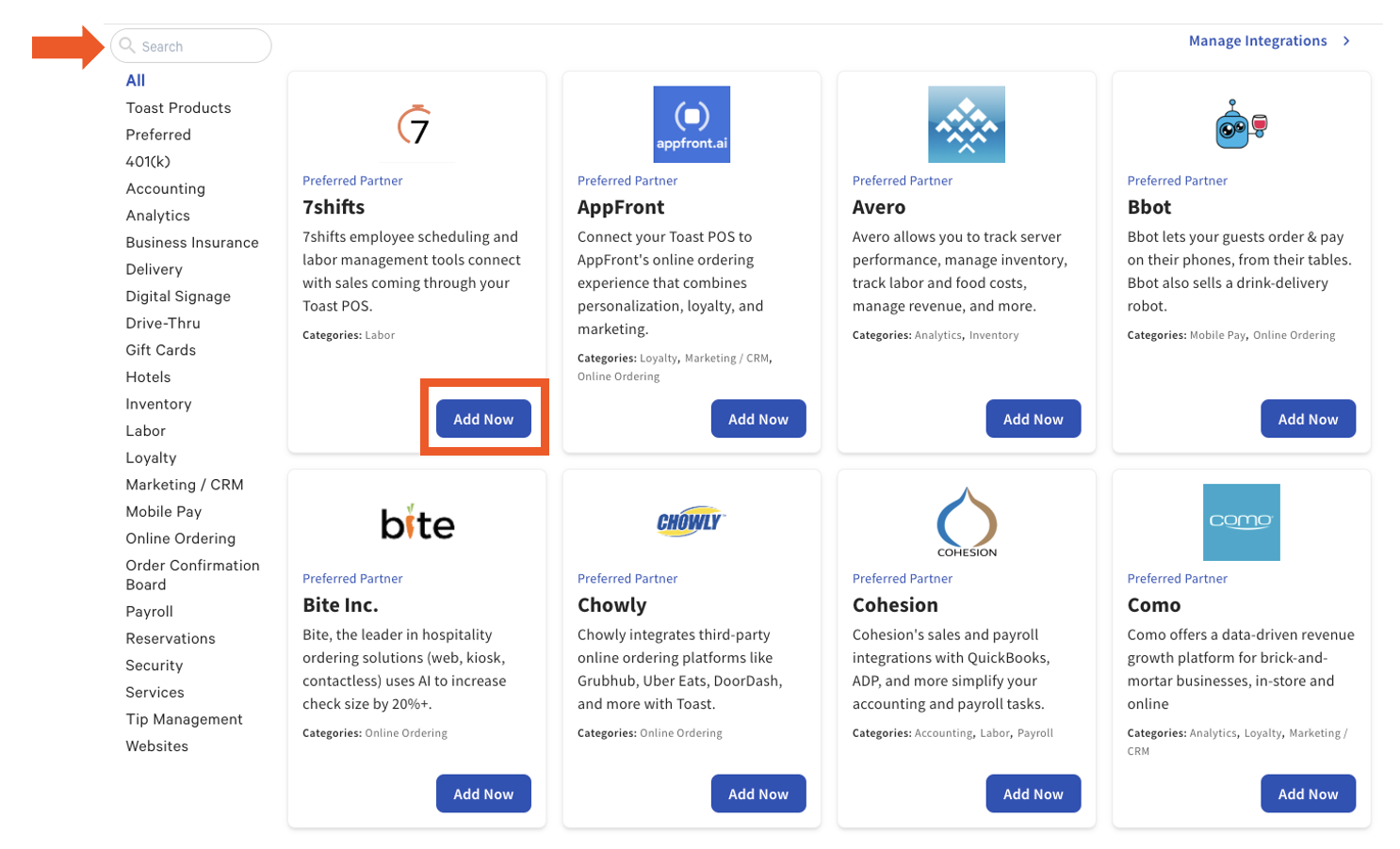 Adding or Removing an Integration with Toast Partner Connect