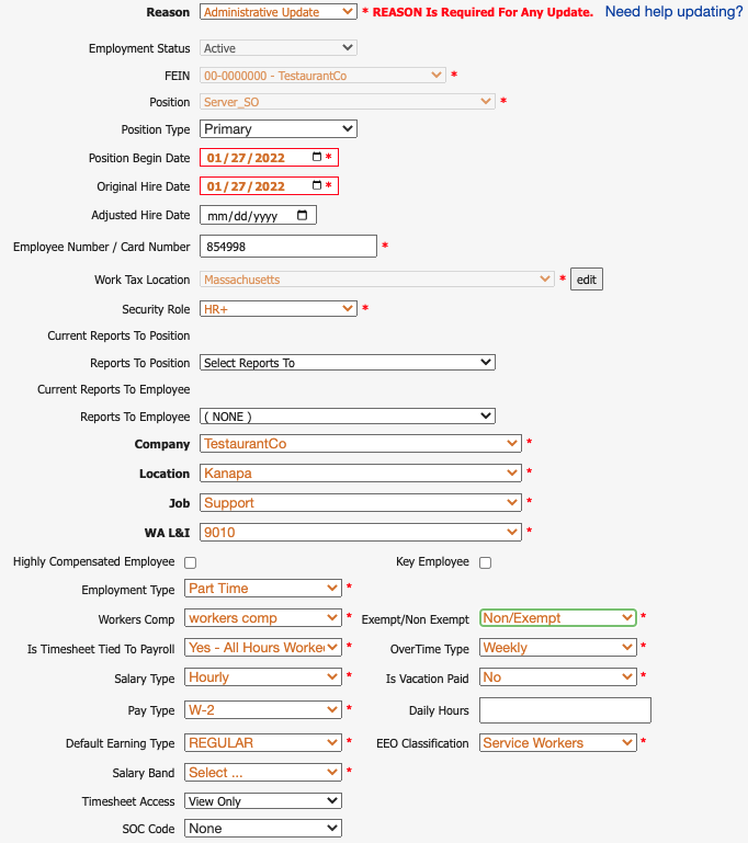 Toast Payroll: Position Page
