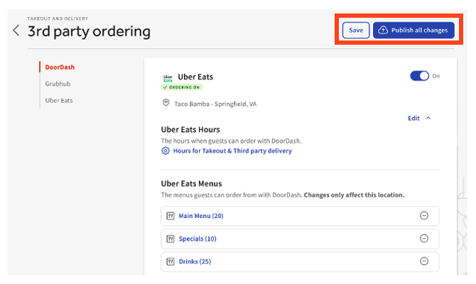 Uber Eats Third Party Ordering Configuration Page