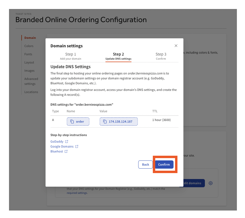 Toast Online Ordering Pro: Domains