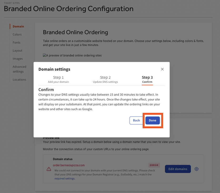 Toast Online Ordering Pro: Domains