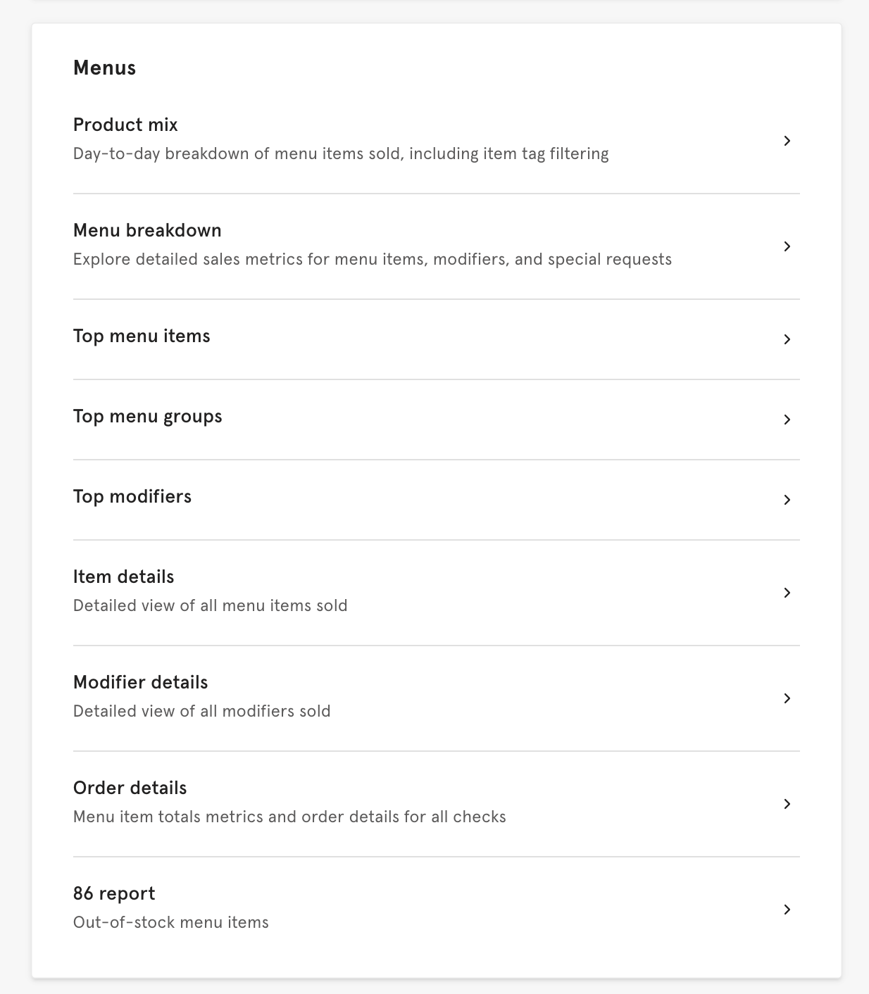 Menu Reports Overview