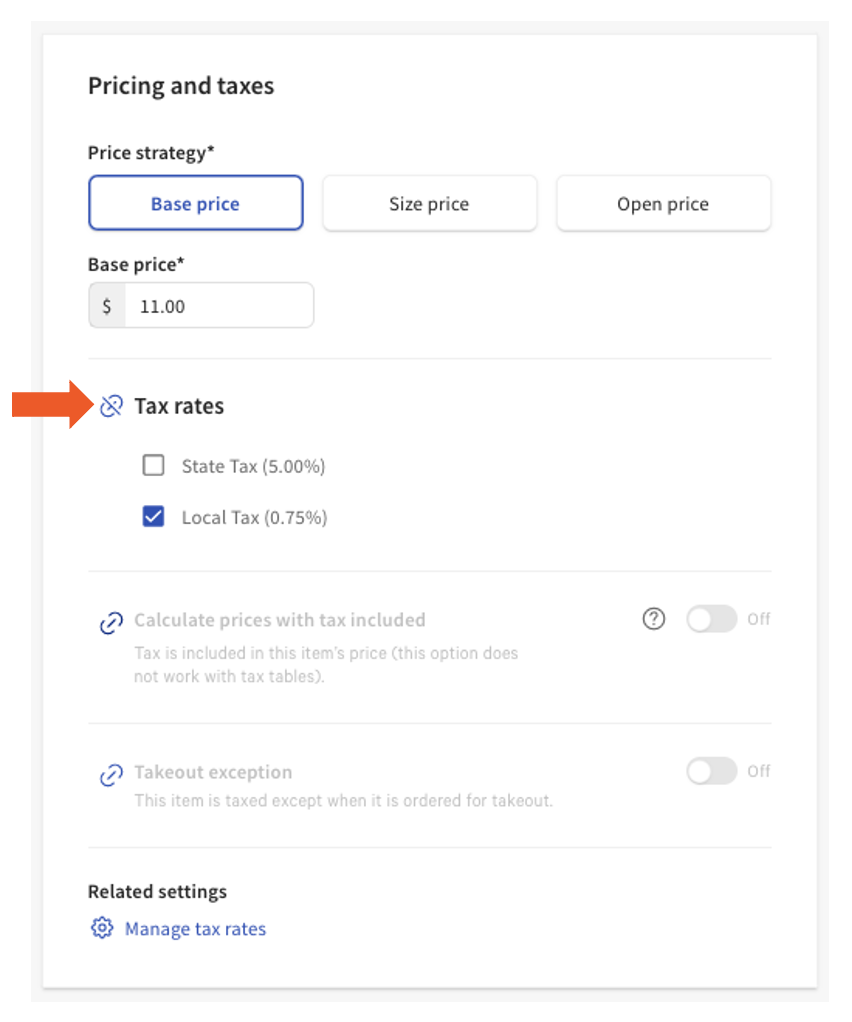 Assigning Tax Rates in the Menu Builder