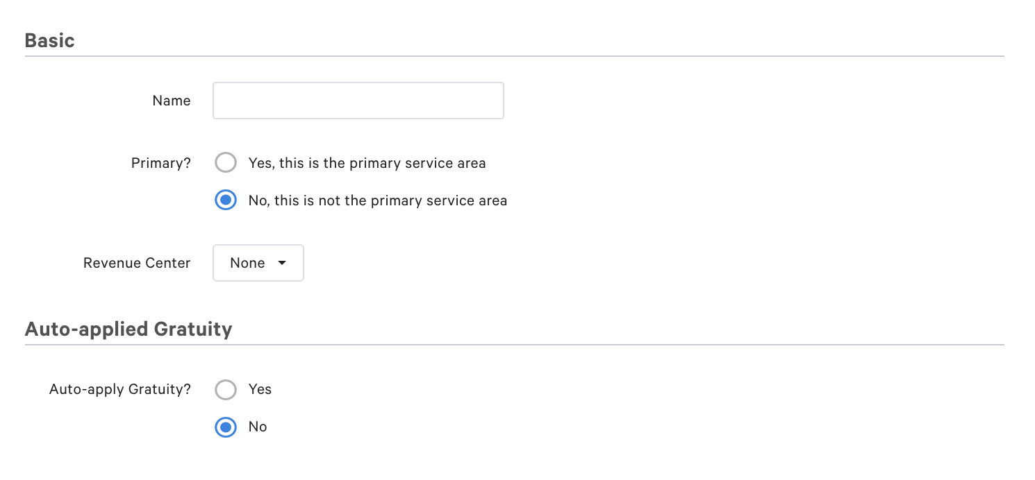 Creating Service Areas and Table Setup