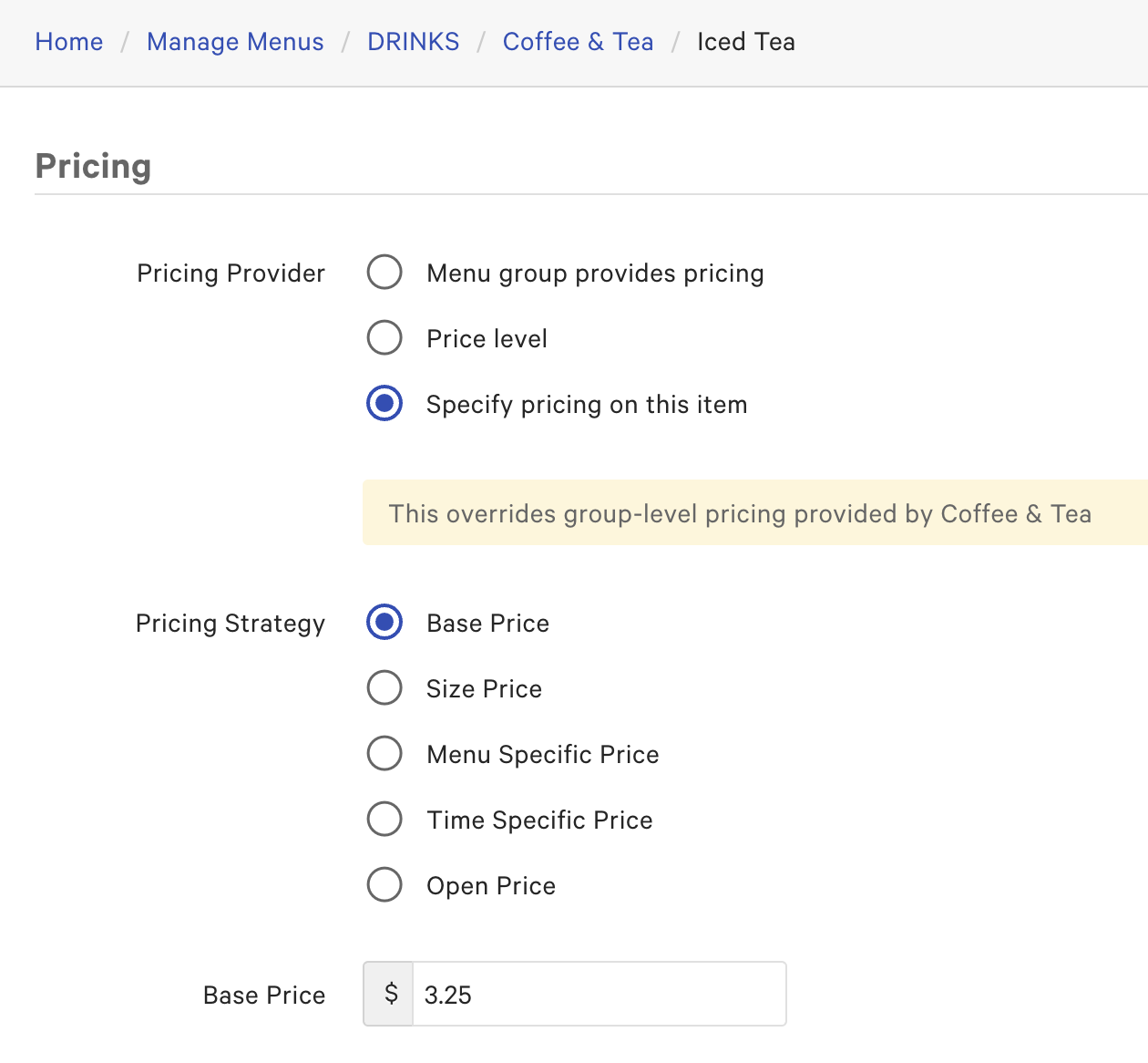 Time Pricing, Size Pricing, Group Pricing and Item Pricing