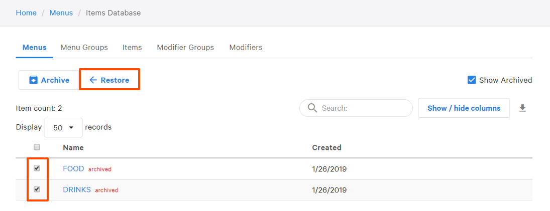 Using the Items Database to View, Archive, Restore and Version Menus