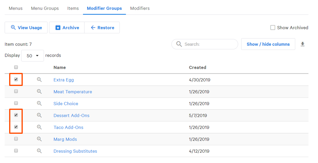 Using the Items Database to View, Archive, Restore and Version Menus