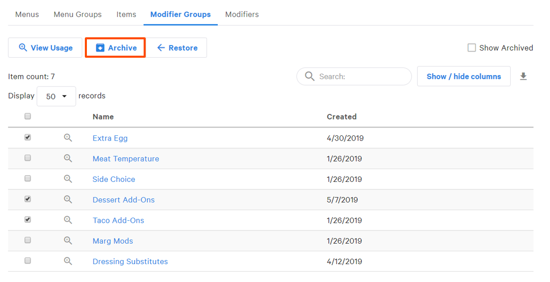 Using the Items Database to View, Archive, Restore and Version Menus
