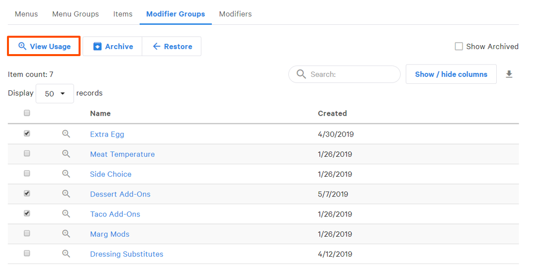 Using the Items Database to View, Archive, Restore and Version Menus