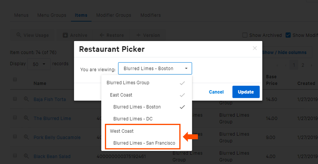Using the Items Database to View, Archive, Restore and Version Menus